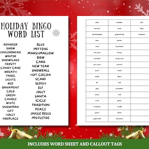 30 Printable Holiday Bingo Cards for Kids Word Sheet and Callout Tags ...