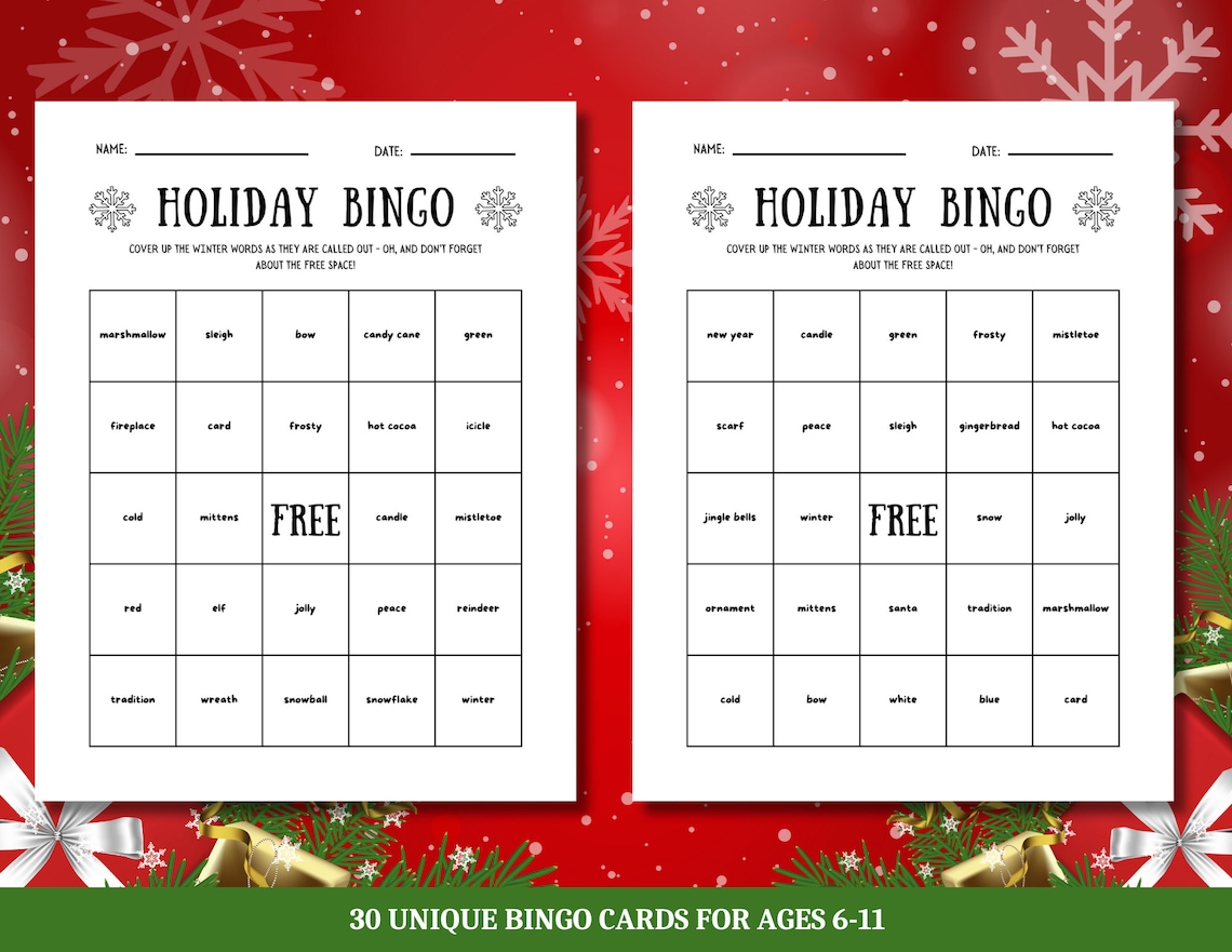 30 Printable Holiday Bingo Cards for Kids Word Sheet and Callout Tags ...
