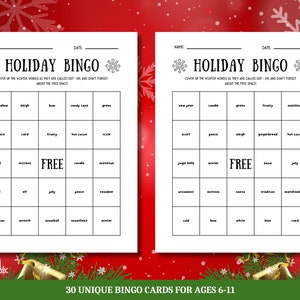 30 Printable Holiday Bingo Cards for Kids Word Sheet and Callout Tags ...