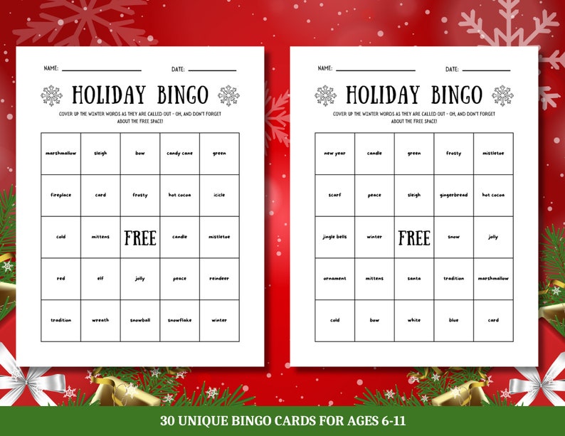 30 Printable Holiday Bingo Cards for Kids Word Sheet and Callout Tags ...