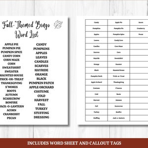 30 Printable Fall-themed Bingo Sheets for Kids Word Sheet and Callout ...