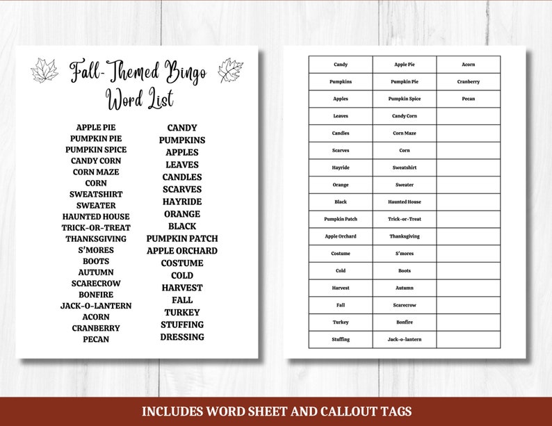 30 Printable Fall-themed Bingo Sheets for Kids Word Sheet and Callout ...