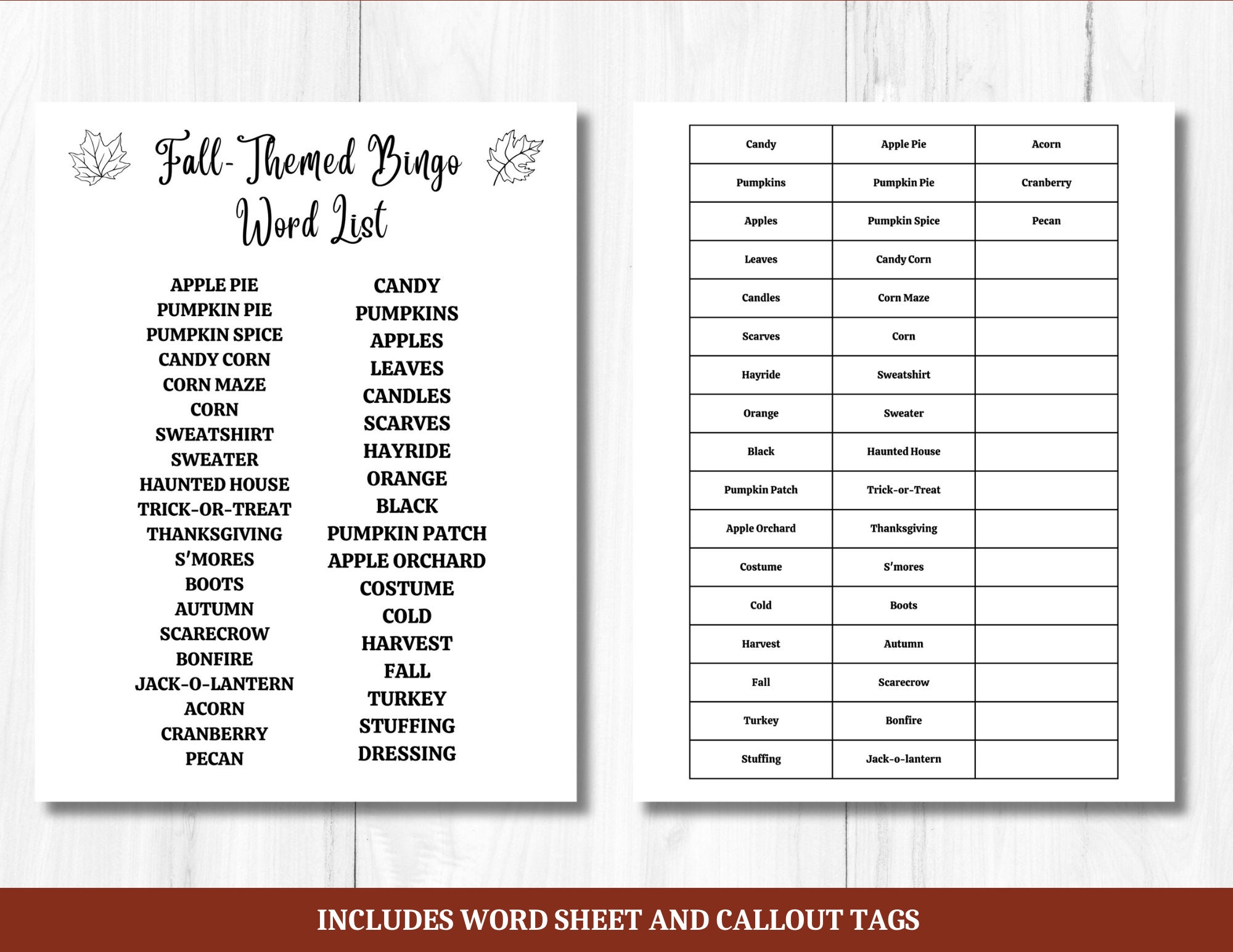 30 Printable Fall-themed Bingo Sheets for Kids Word Sheet and Callout ...
