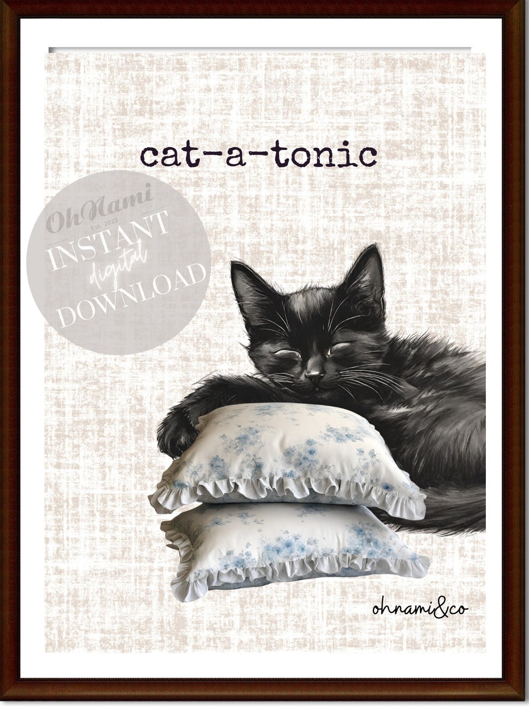 Cat-a-tonic Wall Art, Cat Laying on Vintage Pillows, Cat Poster ...