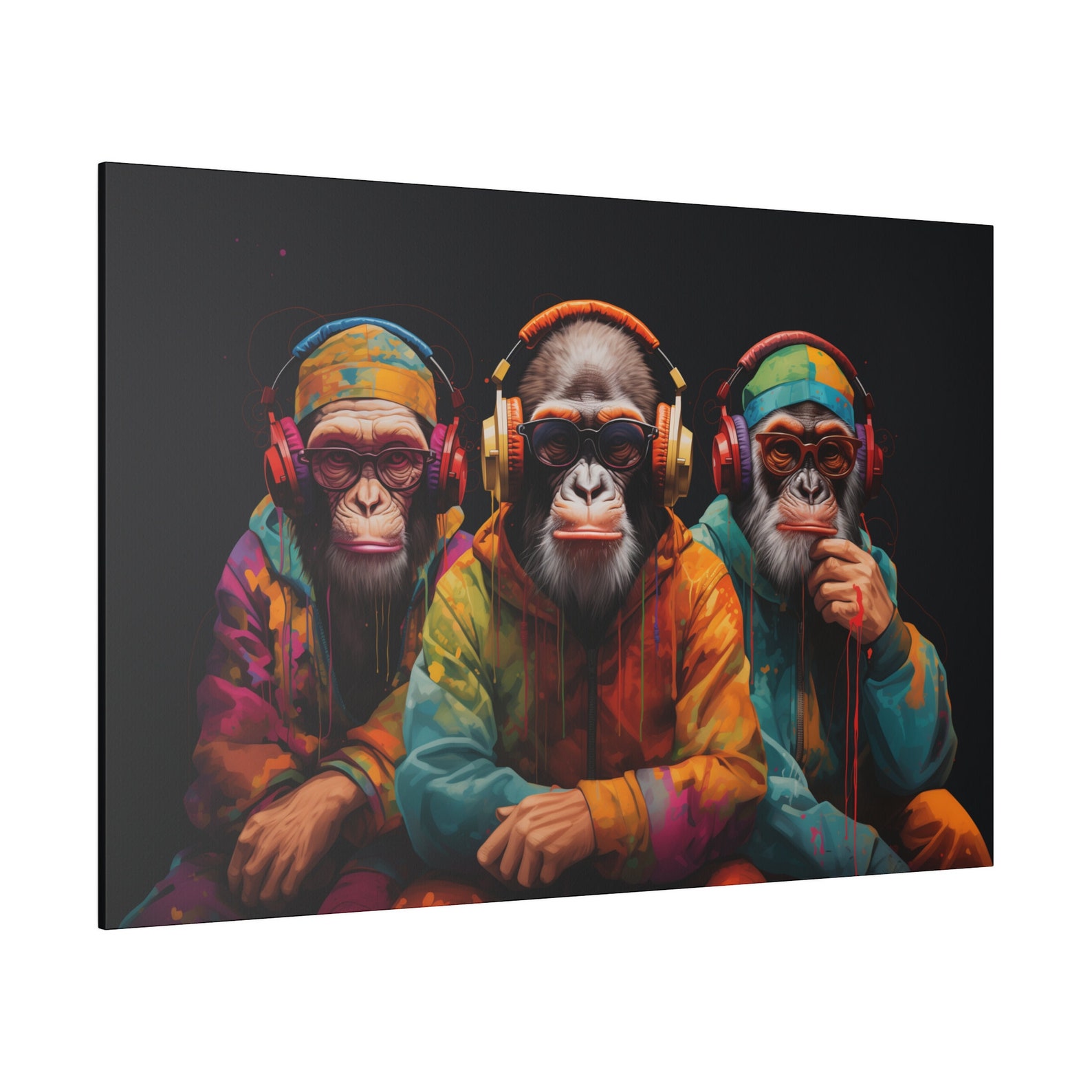 3 Monkeys Wearing Headphones and Rainbow Tracksuits Monkey Canvas Art ...