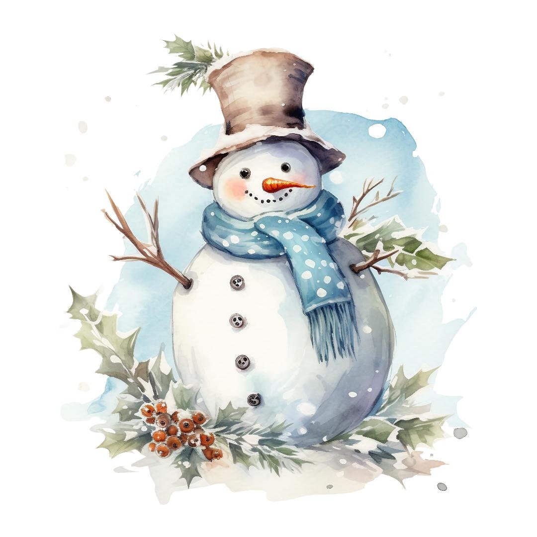 Watercolor Winter Snowman, Frosty in Hat and Scarf, PDF Instant ...