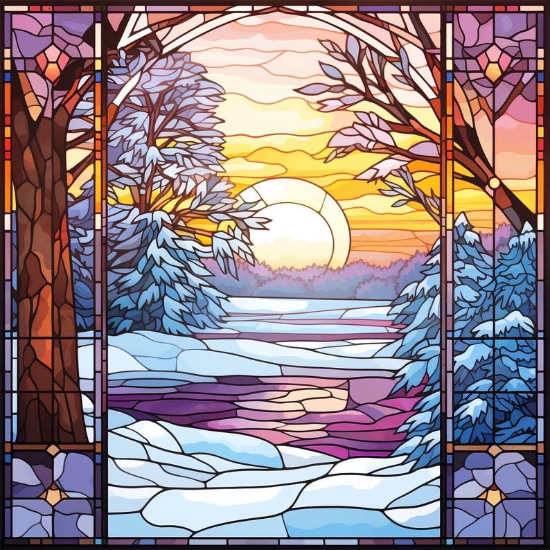 Stained Glass Scenery 16 Sunset Winter Landscape PDF Instant Digital ...