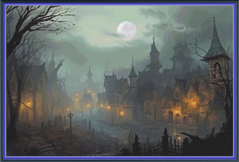 Cursed Old Town 6 Halloween Landscape Scene Pattern Keeper Compatible ...