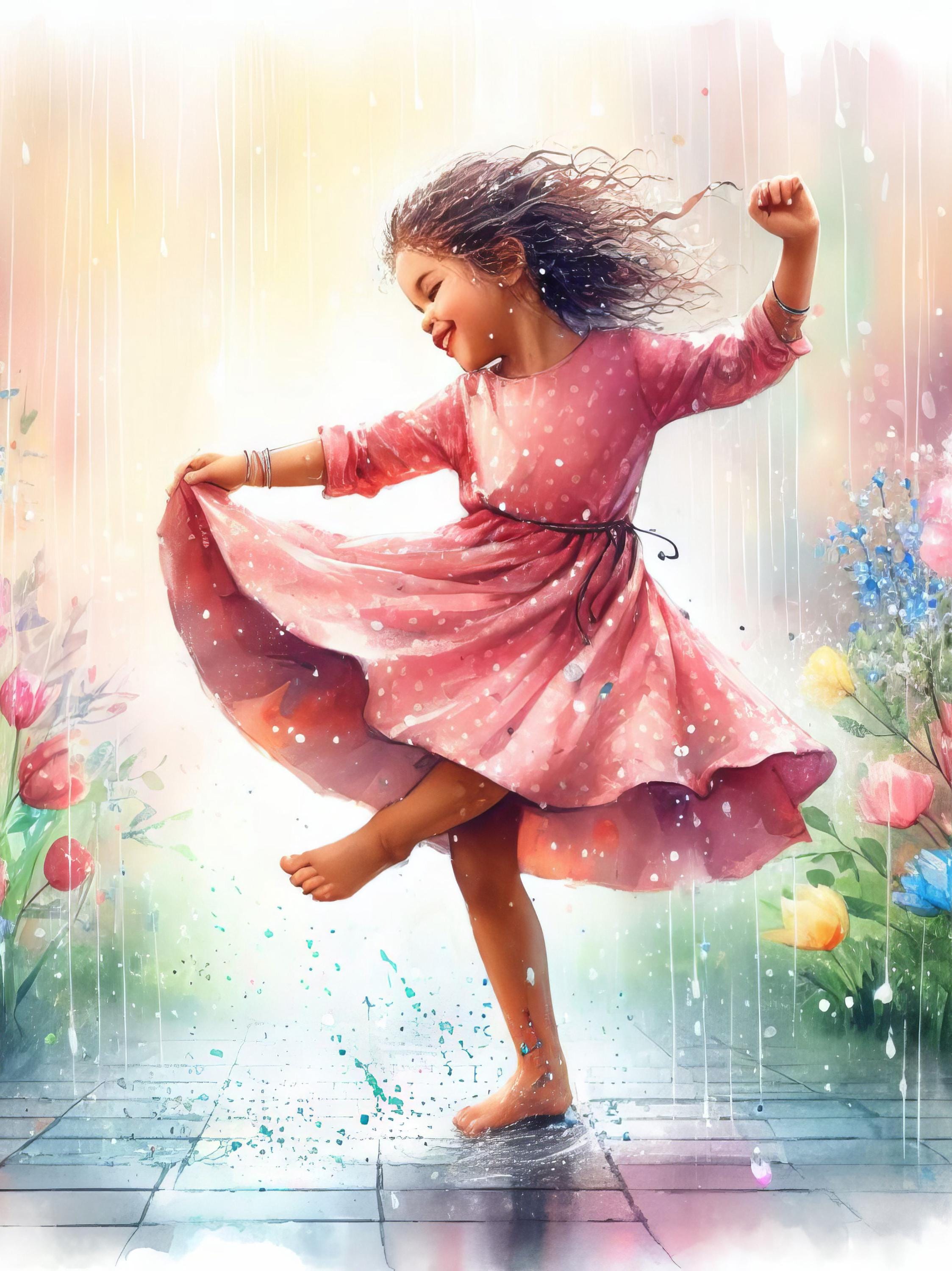 Little Girl Dancing in the Rain Watercolor 4 PDF Instant Digital ...