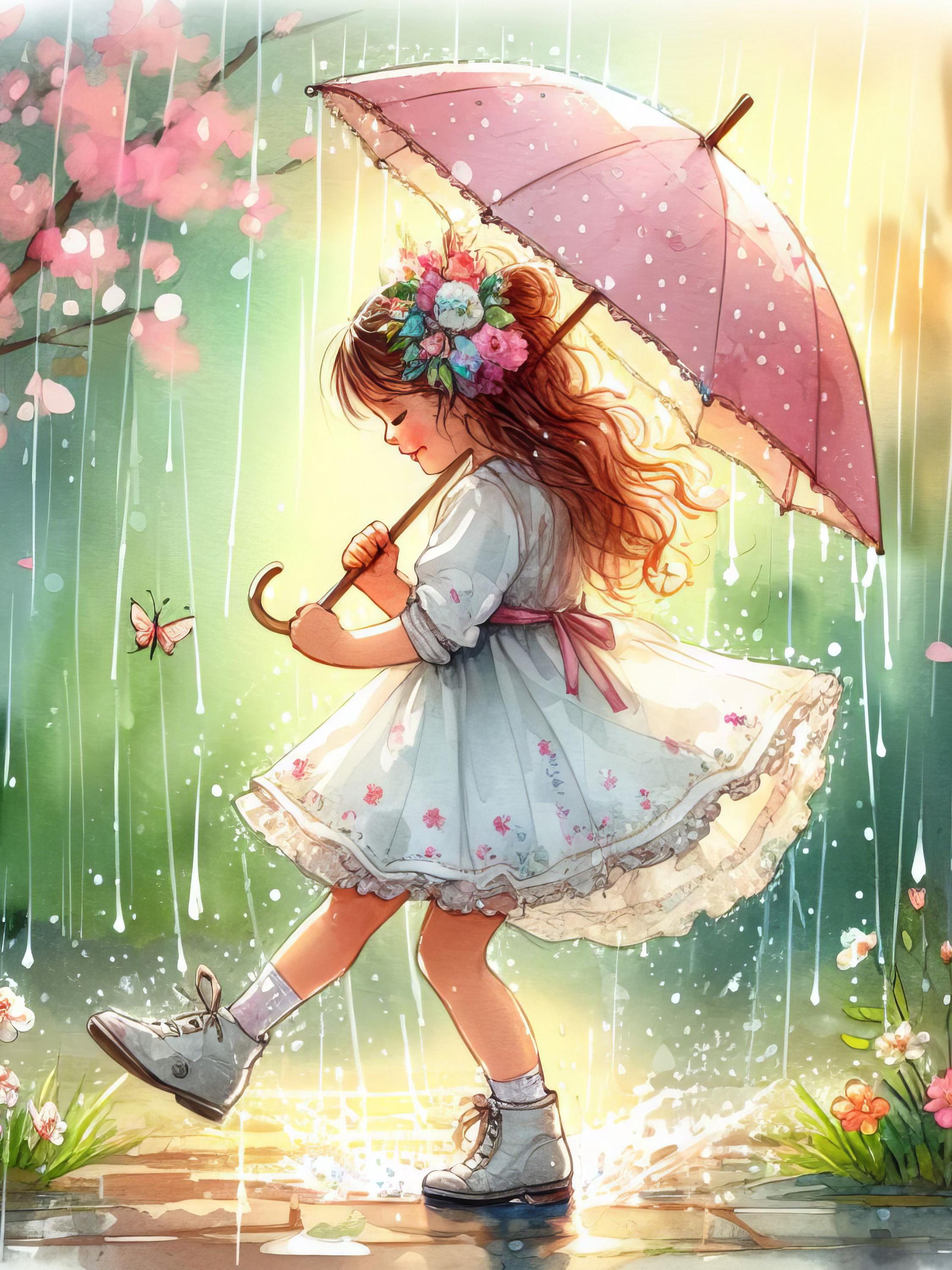 Little Girl Dancing in the Rain Watercolor 7 PDF Instant Digital ...