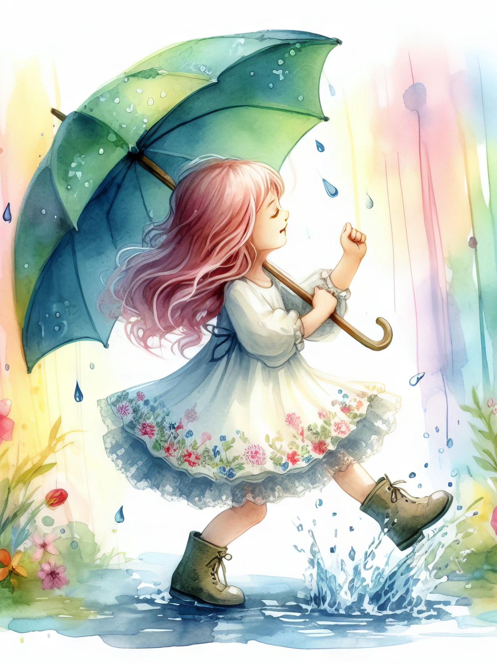 Little Girl Dancing in the Rain Watercolor 2 PDF Instant Digital ...