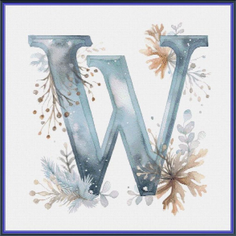 Winter Floral Alphabet Letter W Large Size Counted Cross Stitch Pattern ...
