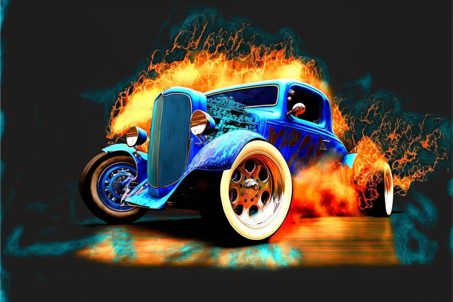 Electric Blue Hot Rod Flaming Burnout Drag Race Car PDF Digital Counted ...