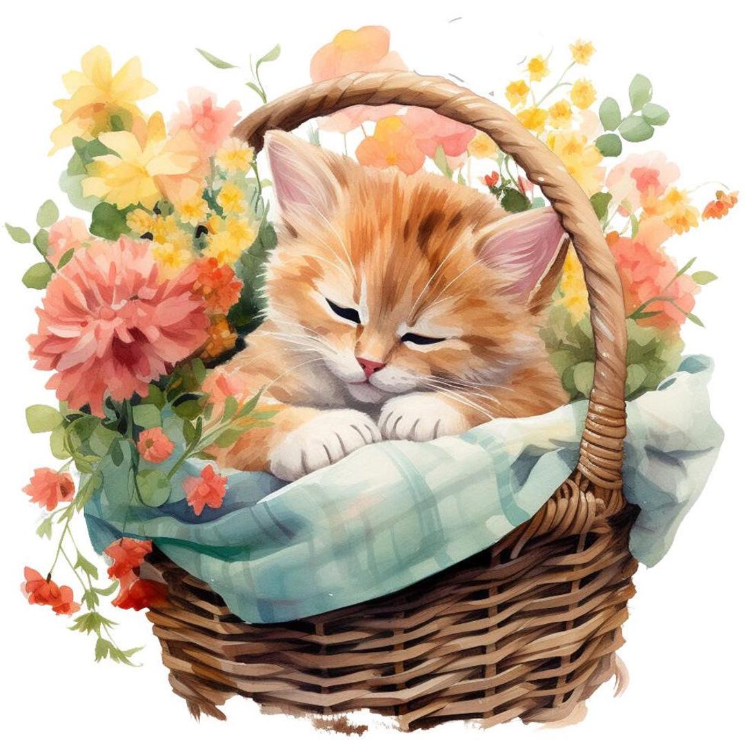 Watercolor Sleepy Basket Kitty PDF Instant Digital Download Counted ...