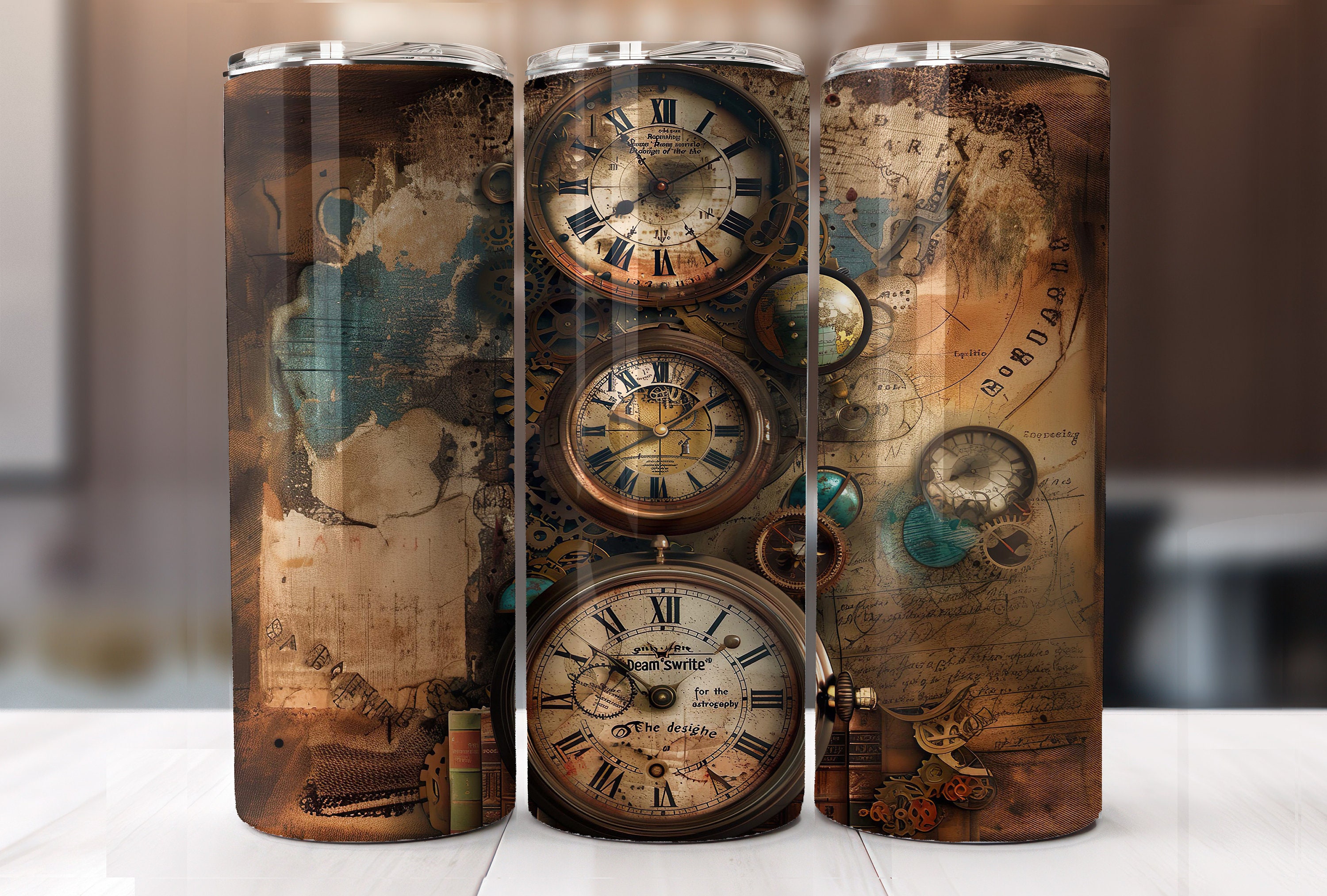 Old Clock Pattern, Design Tumbler 20 Oz, Vintage Steampunk Clock ...