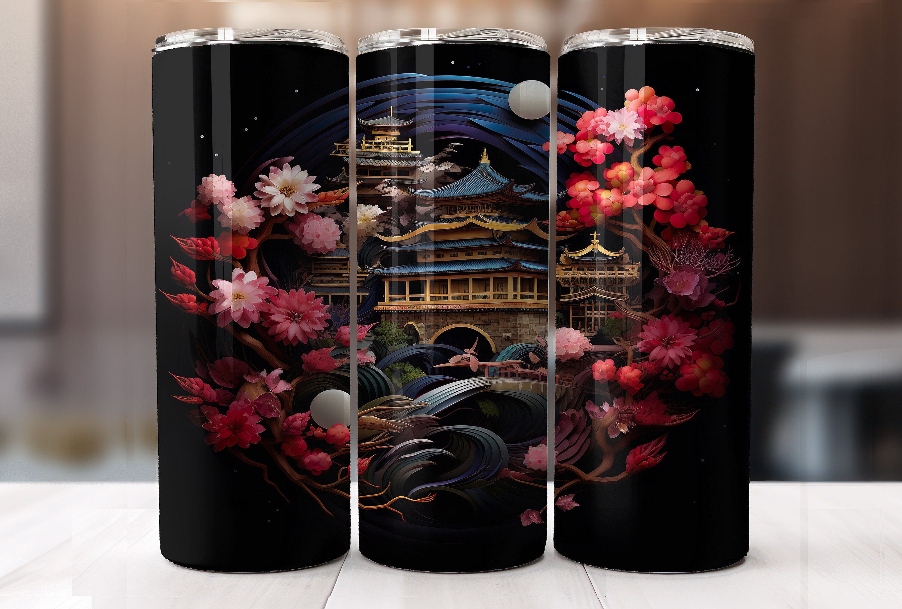Japanese Style Temple Flowers Design Tumbler, 20 Oz Chinese Style ...