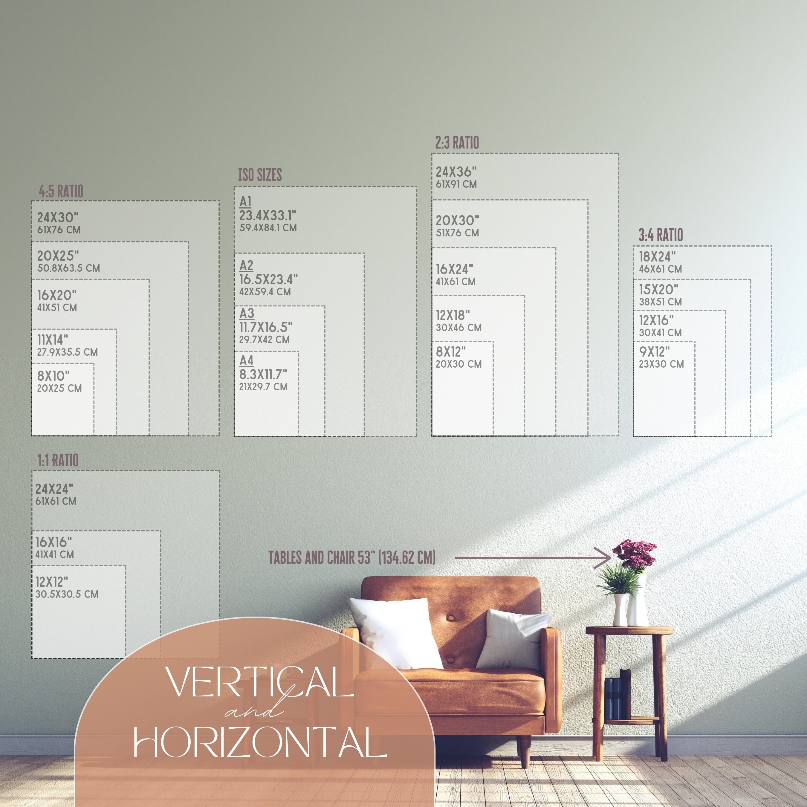 Wall Art Size Guide Vertical Horizontal Frame Size Chart Canvas Sizing Mockup Digital Print ...