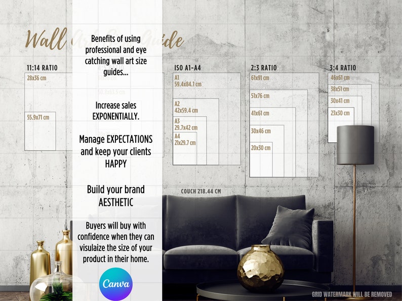 Editable Wall Art Size Guide: Gray, Gold, Horizontal & Vertical Frame ...