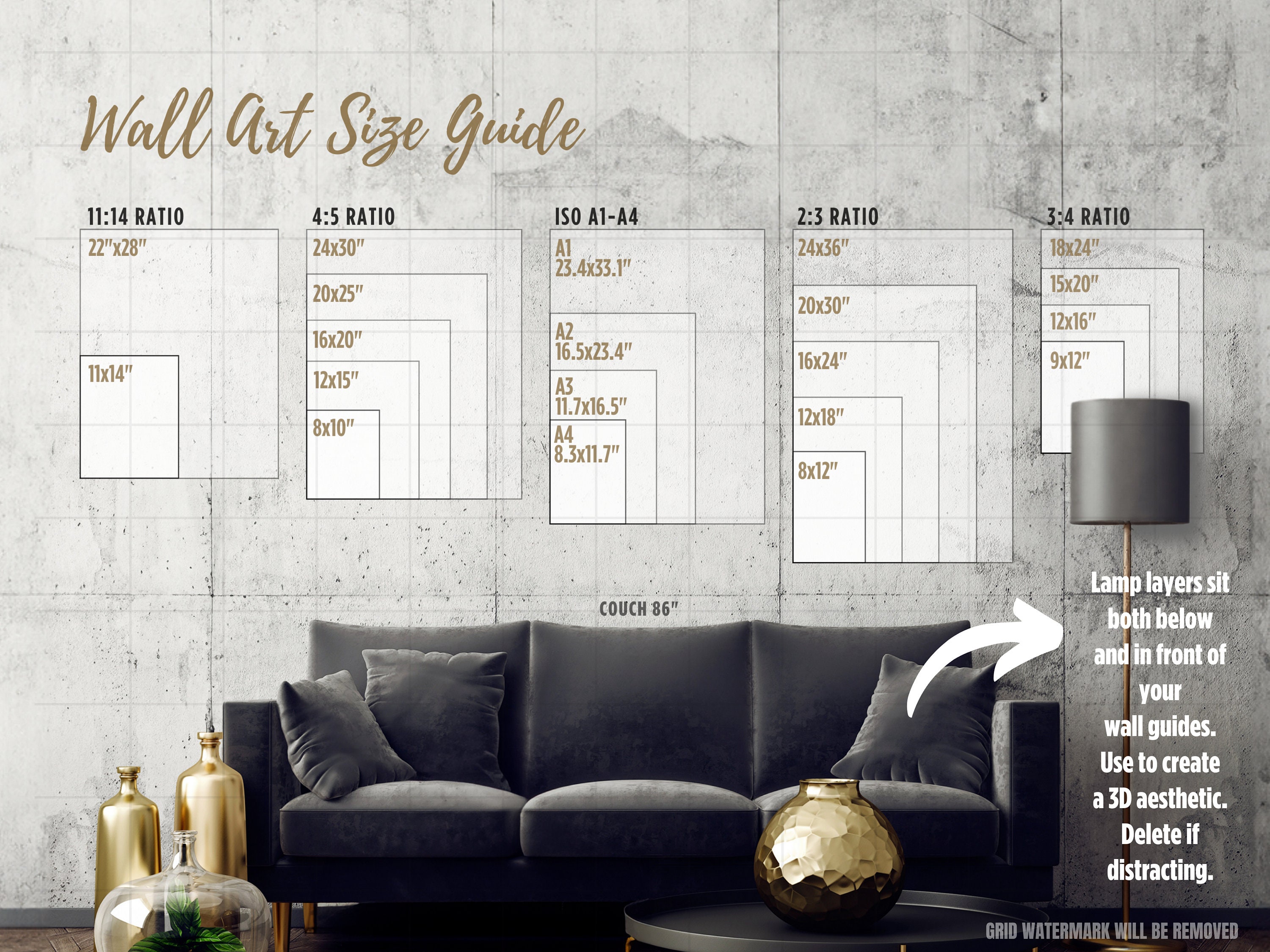 Editable Wall Art Size Guide: Gray, Gold, Horizontal & Vertical Frame ...