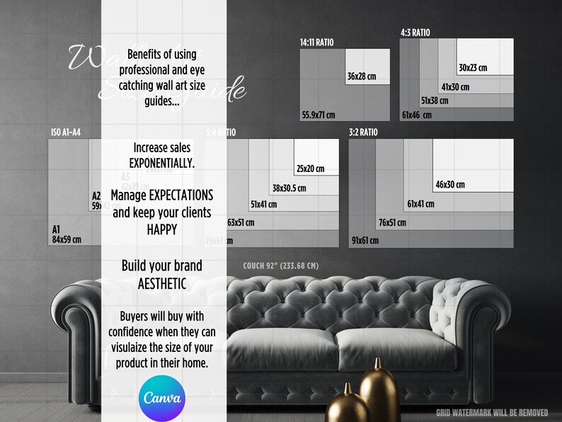 Editable Moody Upscale Wall Art Size Guide | Frame Size Chart | Canvas ...