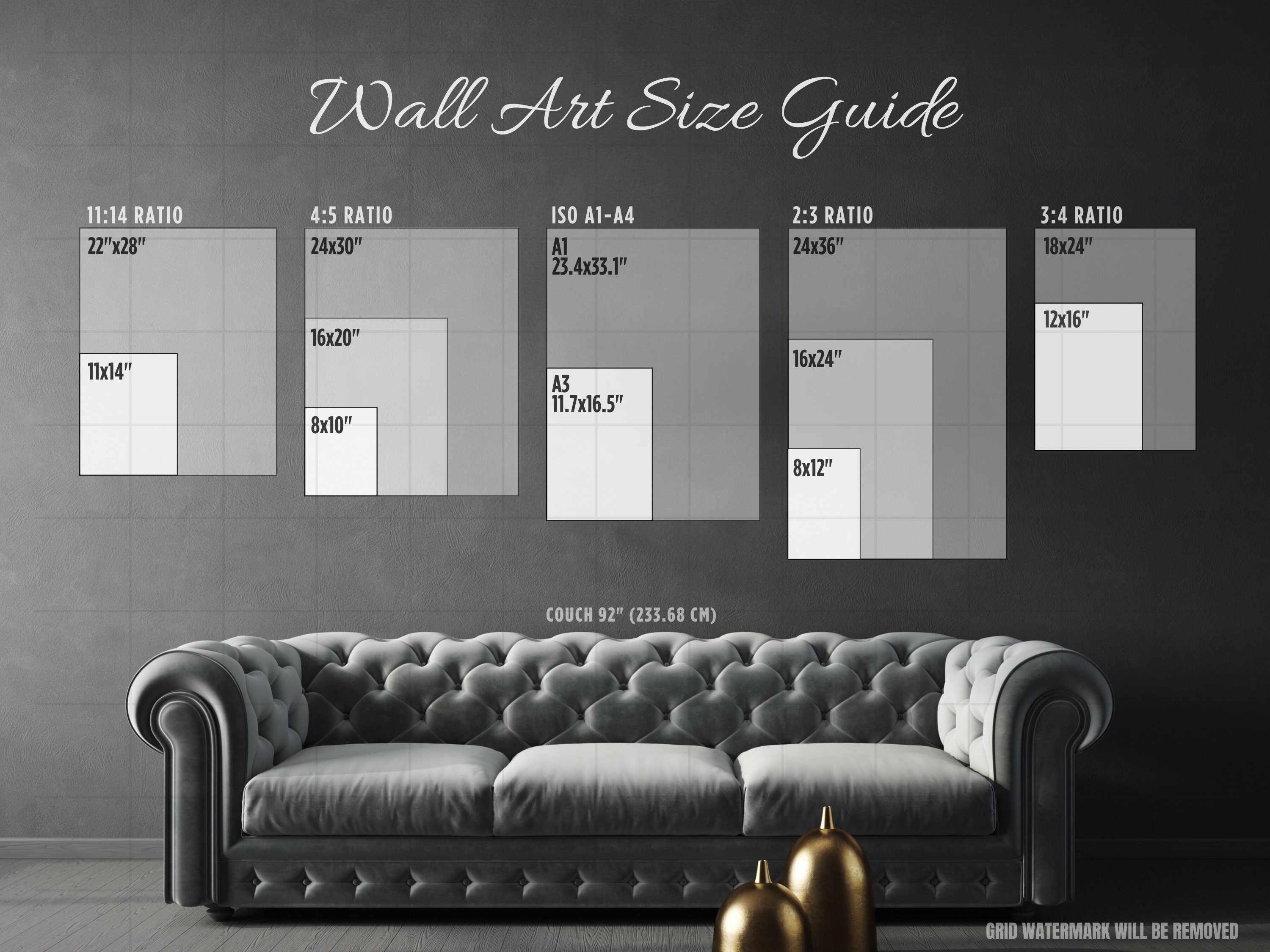 Editable Moody Upscale Wall Art Size Guide | Frame Size Chart | Canvas ...