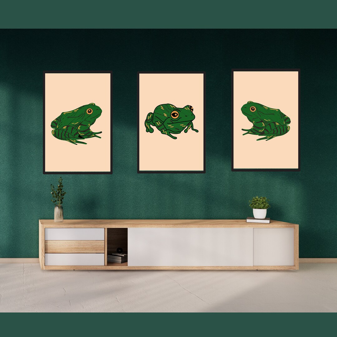 Set of 3 Retro Frog Painting, Green Frog Printable Art, Digital ...