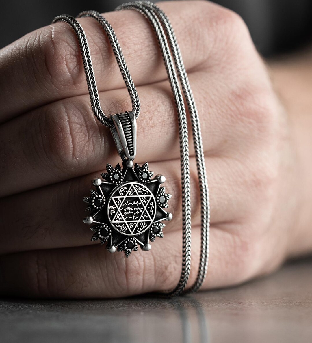 925 Silver Solomon's Seal Medallion Necklace: Islamic Pendant, 65cm ...