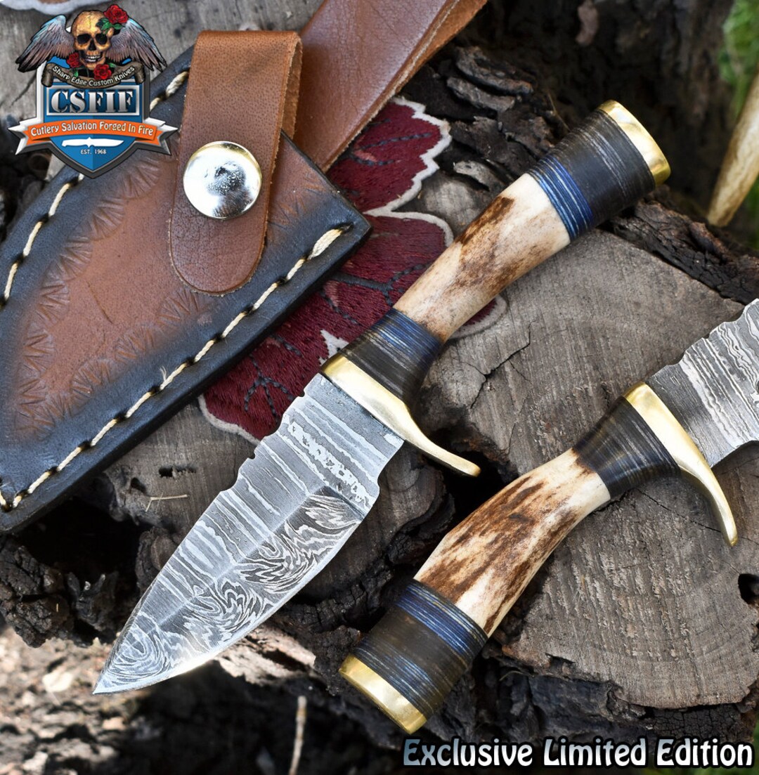 Ashen Edge Custom Stag Horn Handmade Damascus Steel Hunting Knife With ...