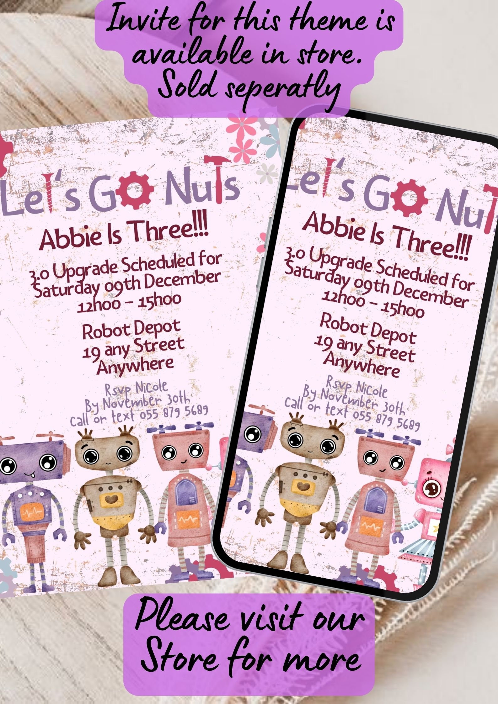 Robot Birthday Invitation, Editable Party Invite, Pink Robot Invitation ...