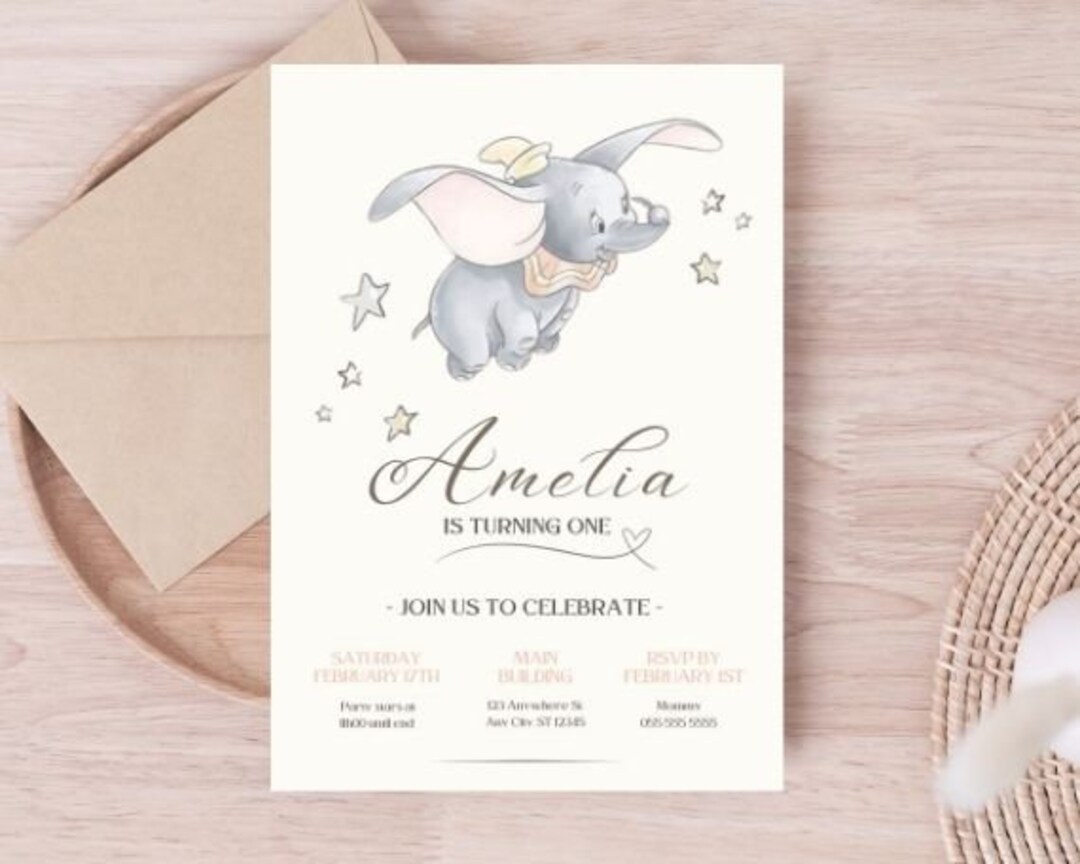 Minimalistic Dumbo First Birthday Invitation, Editable Baby Elephant ...