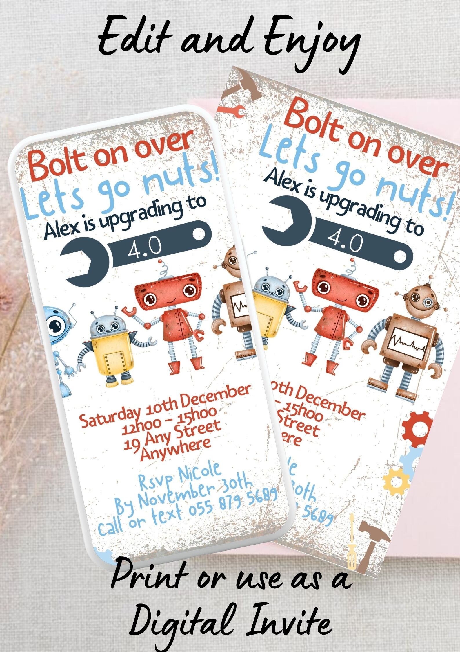 Robot Birthday Invitation, Editable Party Invite, Robot Invitation ...
