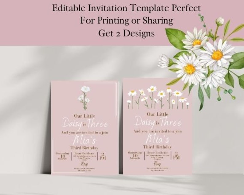 Pink Daisy Birthday Party Invitation, Coquette Editable Wildflower ...