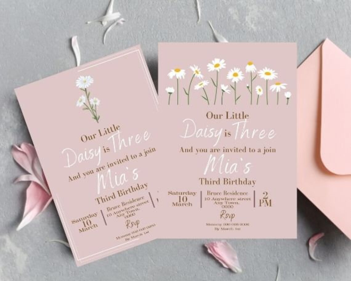 Pink Daisy Birthday Party Invitation, Coquette Editable Wildflower ...