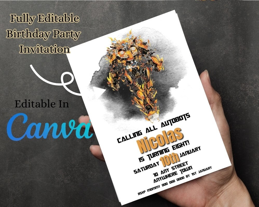 Editable Transformers Kids Birthday Invitation, Minimalist Bumblebee ...