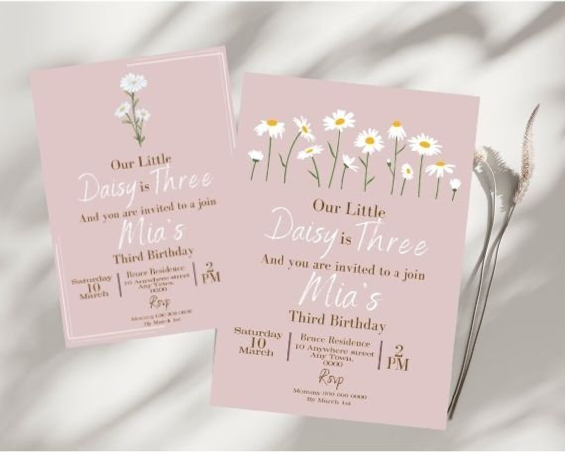 Pink Daisy Birthday Party Invitation, Coquette Editable Wildflower ...