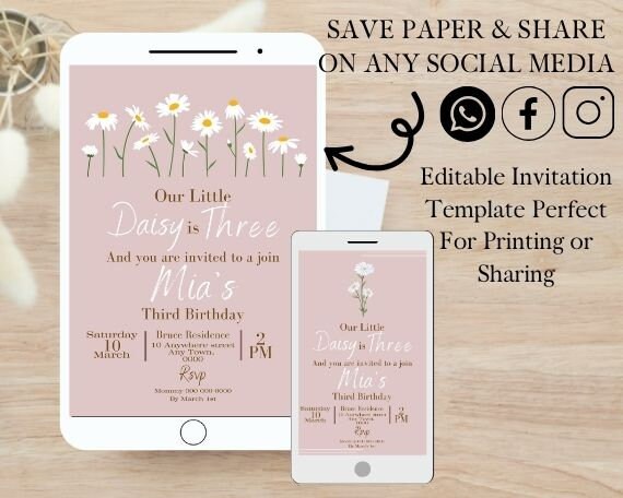 Pink Daisy Birthday Party Invitation, Coquette Editable Wildflower ...