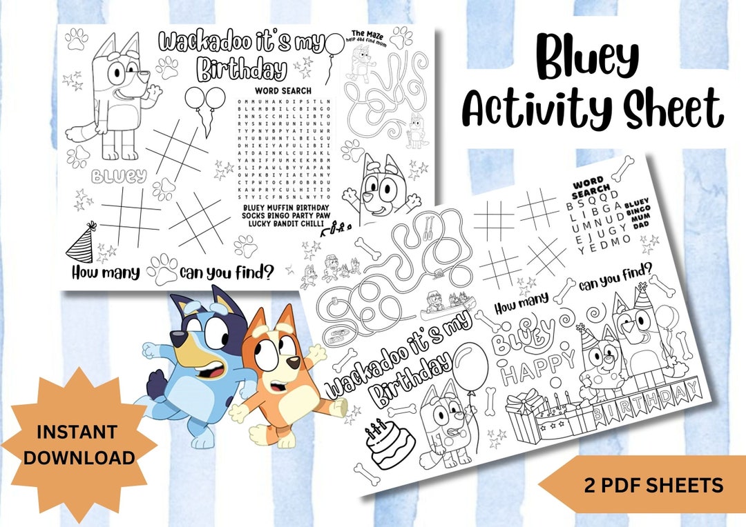Bluey and Bingo Themed Activity Sheet, Heeler Family Party Printable ...