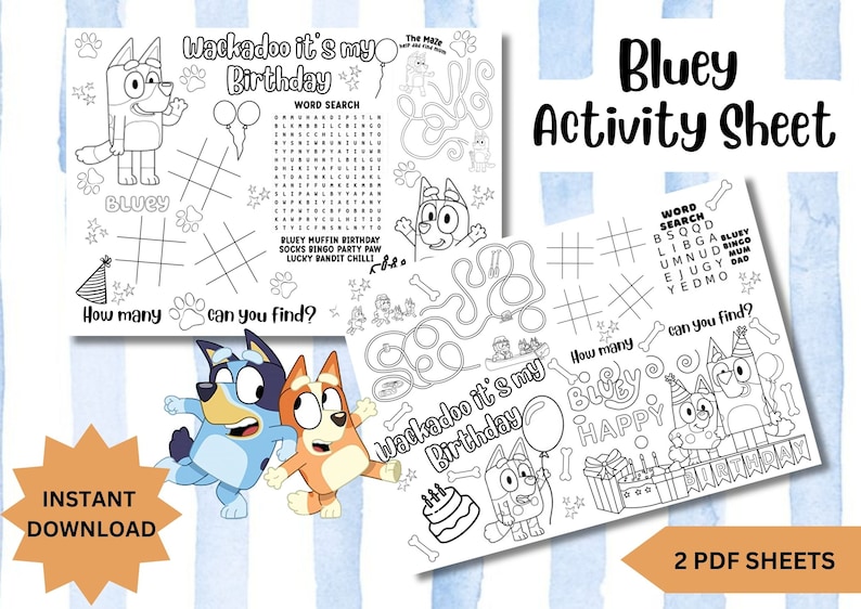 Bluey and Bingo Themed Activity Sheet, Heeler Family Party Printable ...