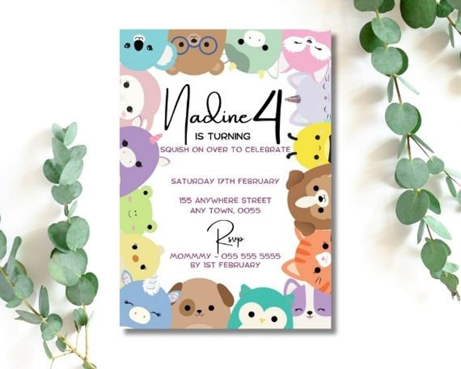 Squishmallow Birthday Invitation, Editable Squishy Party Invite ...
