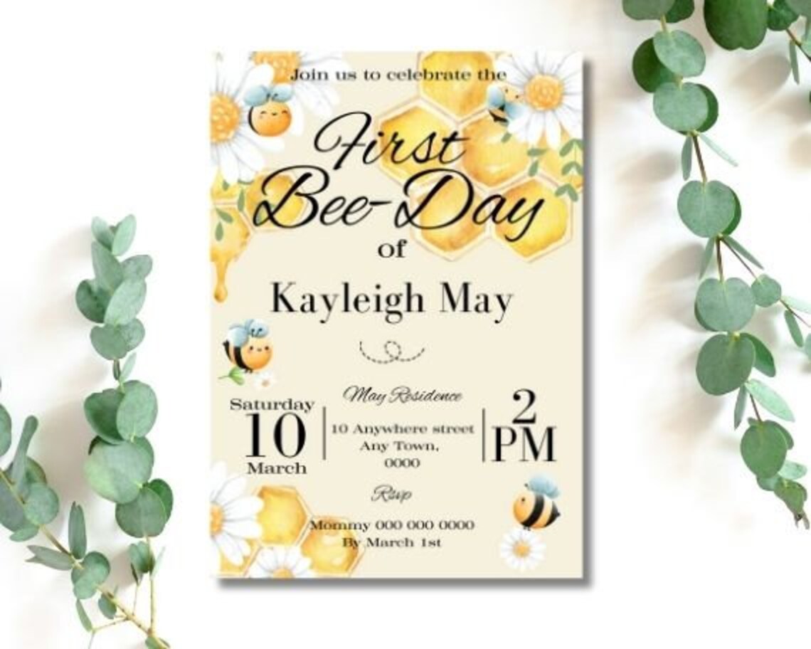 Bee Birthday Invitation, Editable Bee 1st Birthday Invite, 1st Bee Day ...