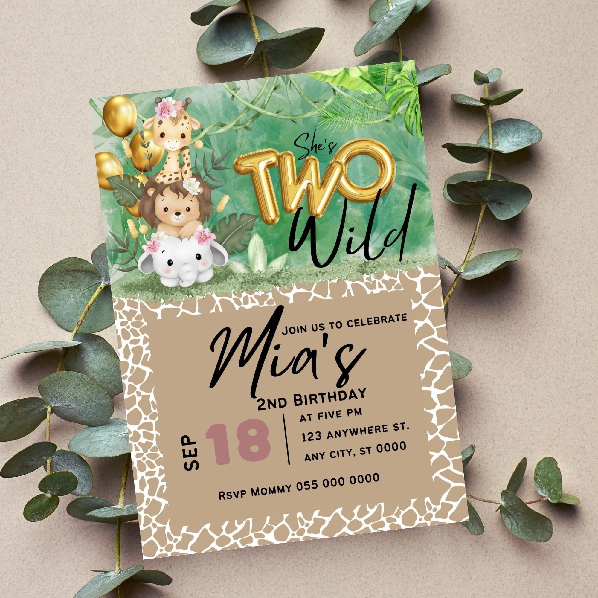She's Two Wild Birthday Party Invitation, Editable Safari Animals ...