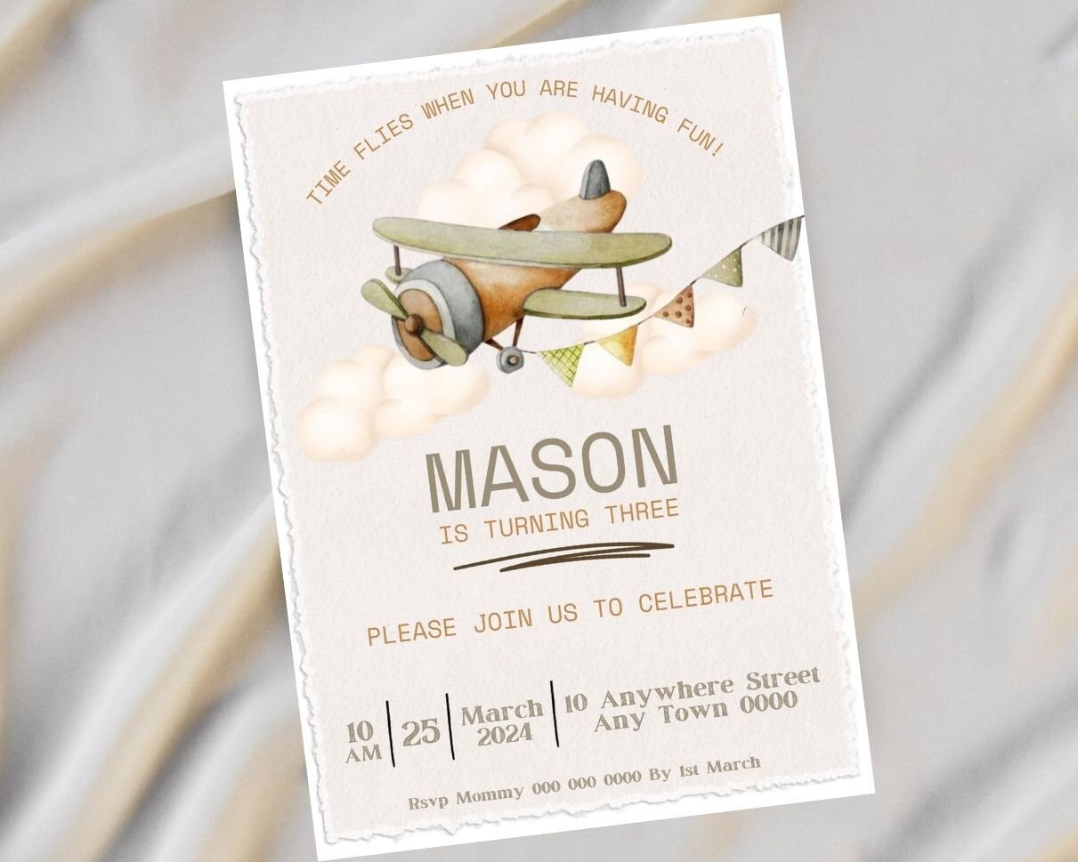 Time Flies Birthday Party Invitation, Editable Vintage Plane Neutral ...