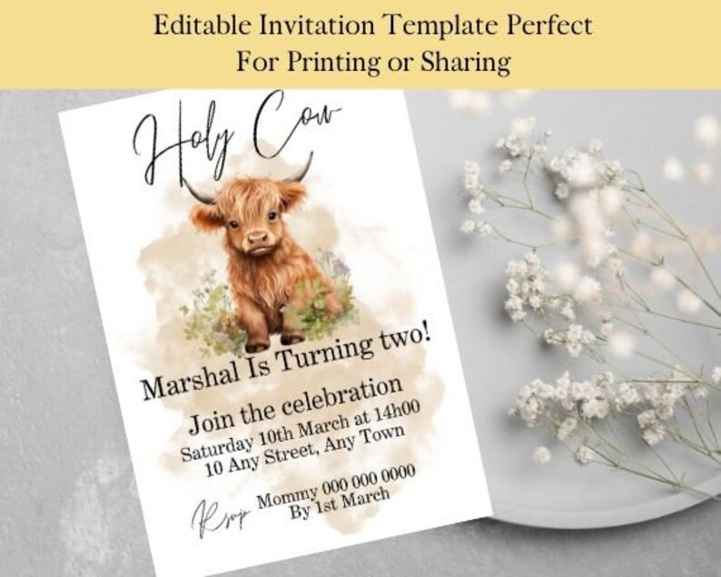 Holy Cow Birthday Party Invitation, Editable Highland Cow Birthday ...