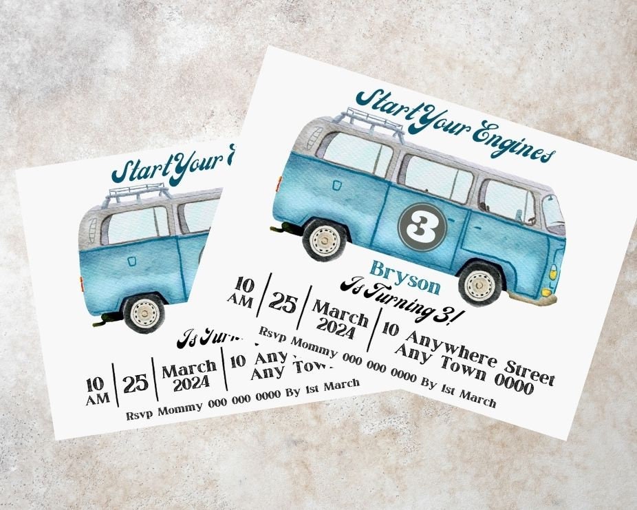Blue VW Mini Van Birthday Party Invitation, Editable Car Boys Invite ...