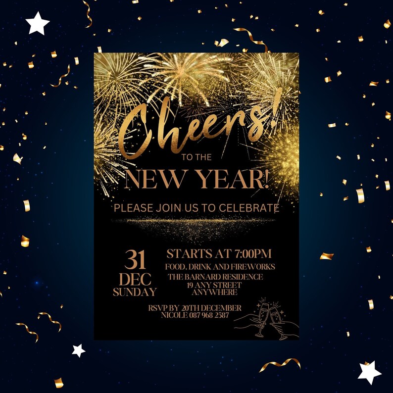 Editable New Year's Eve Invitation, Gold Fireworks Party Invite ...