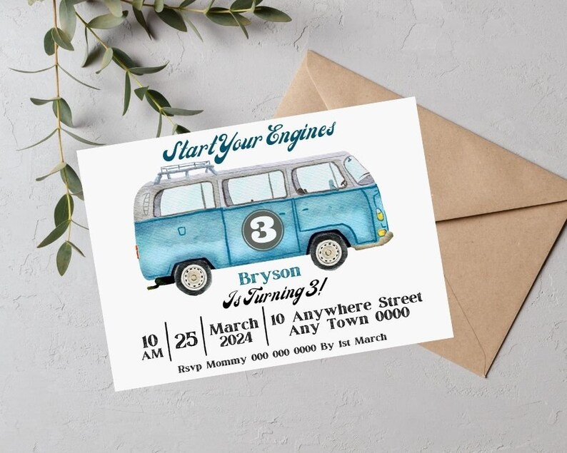 Blue VW Mini Van Birthday Party Invitation, Editable Car Boys Invite ...