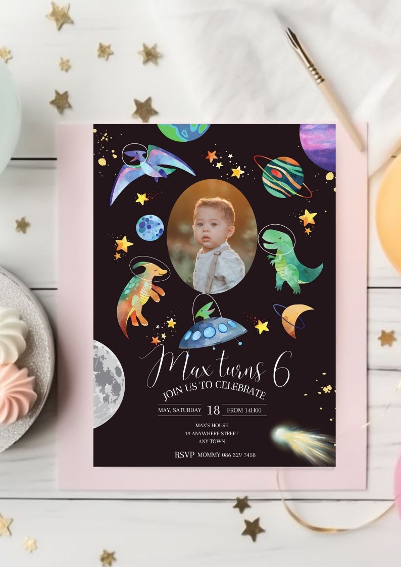 Space Dinosaur Birthday Invitation, Editable Dino Party Invite (digital ...