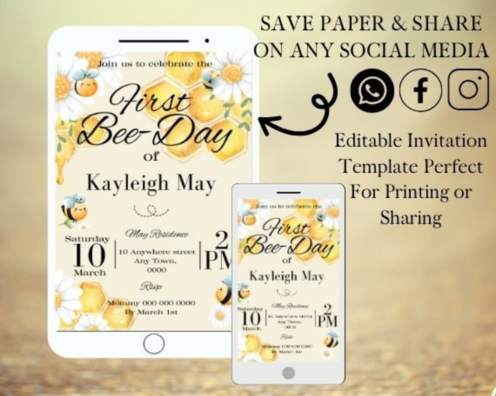 Bee Birthday Invitation, Editable Bee 1st Birthday Invite, 1st Bee Day ...