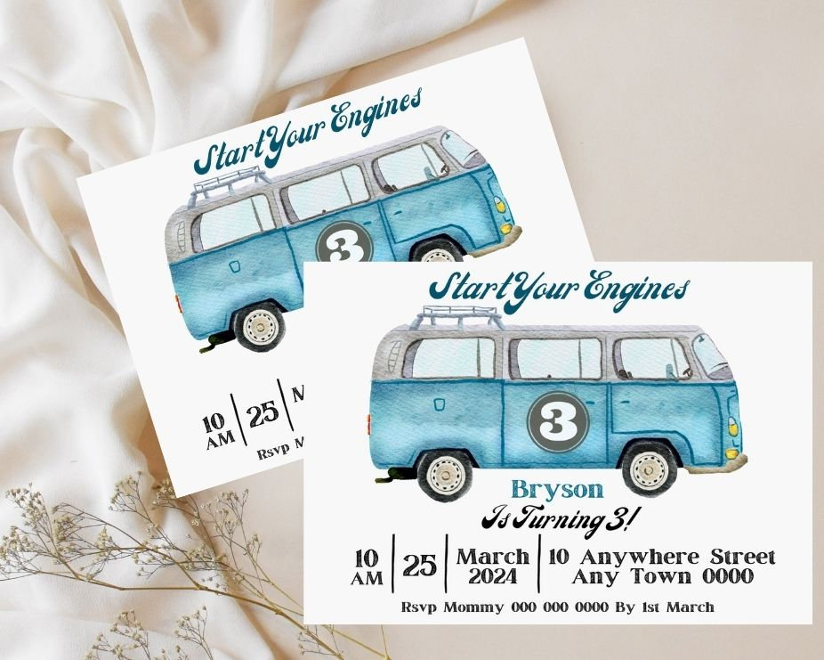Blue VW Mini Van Birthday Party Invitation, Editable Car Boys Invite ...