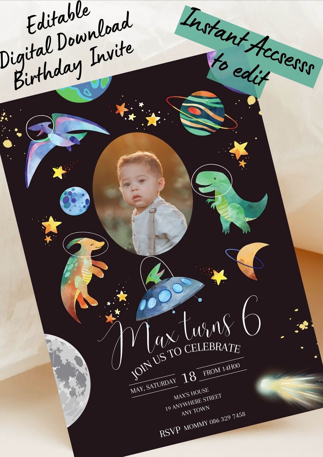 Space Dinosaur Birthday Invitation Editable Dinosaur Party - Etsy